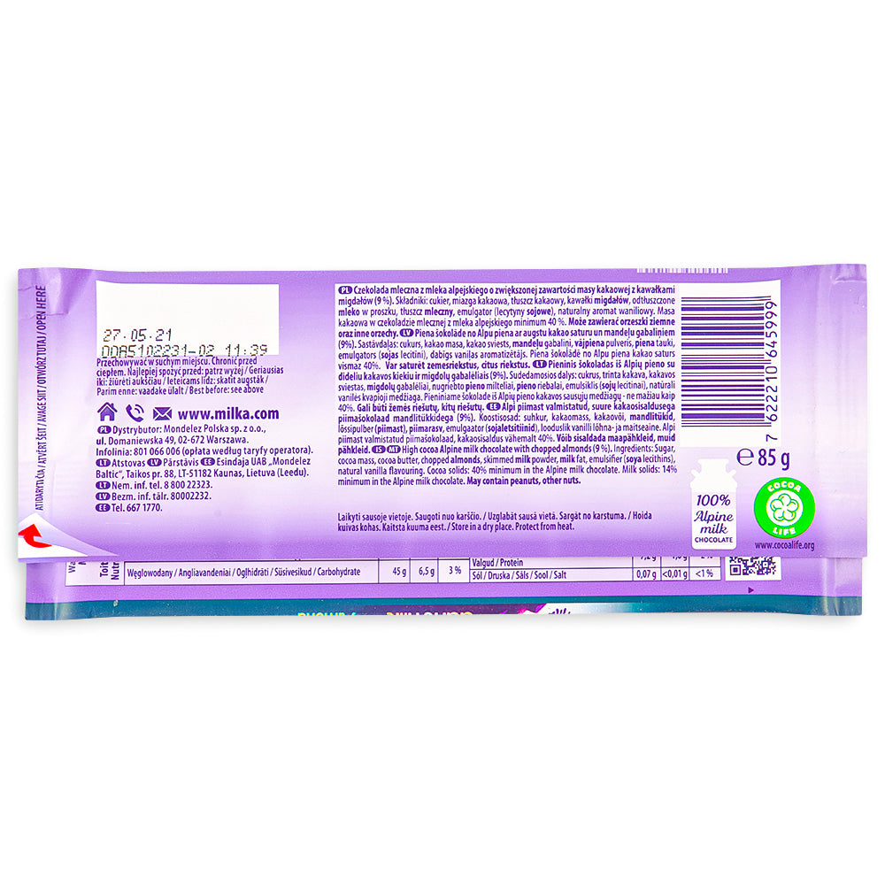 Milka DarkMilk Almonds Chocolate Bar - 85g